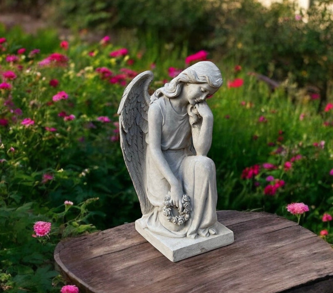 Large Kneeling Angel on Base Statue Detailed Girl With Wings Sculpture ...