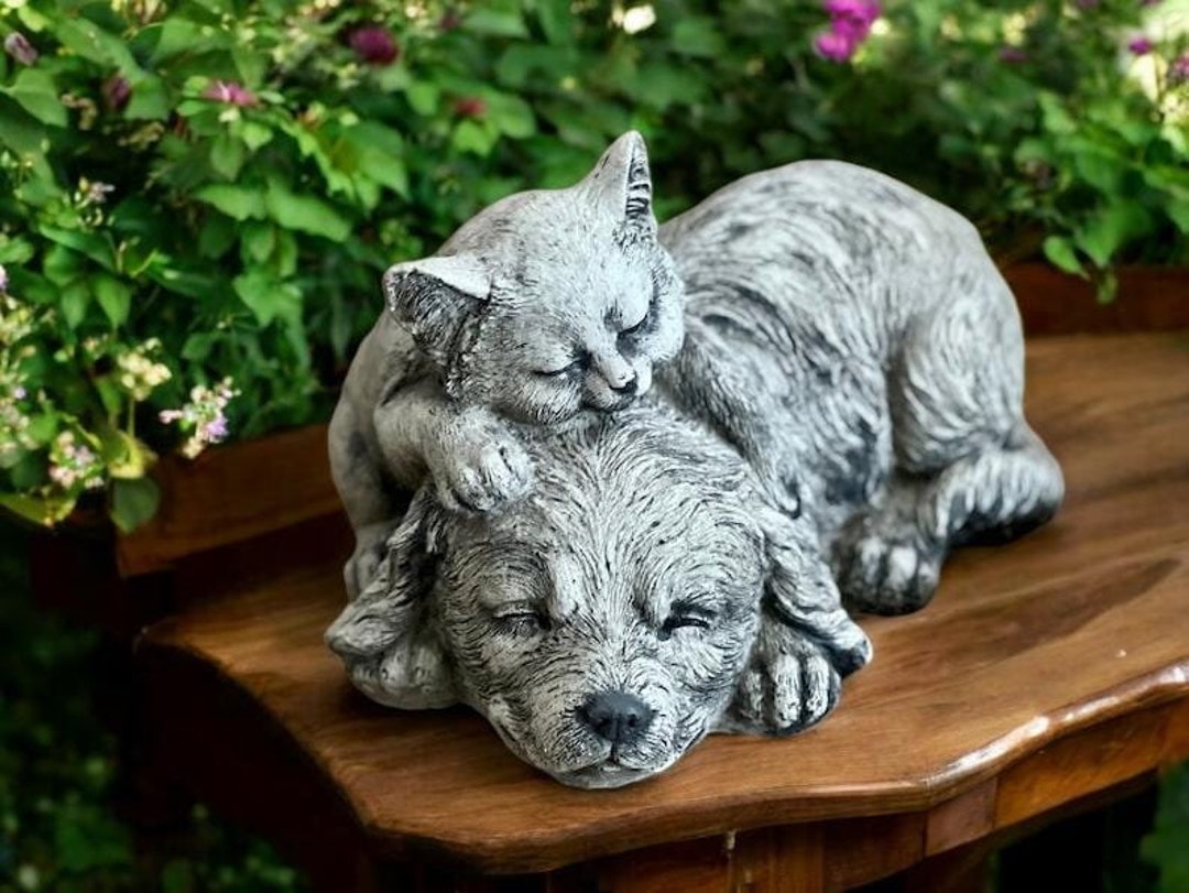 Laying Cat With Dog Sculpture Stone Detailed Pets Figure Backyard or ...