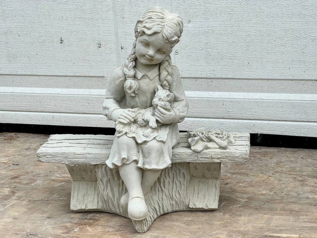Sitting Girl Statue Cement Kid With Cat Figurine for Garden Yard Girl ...