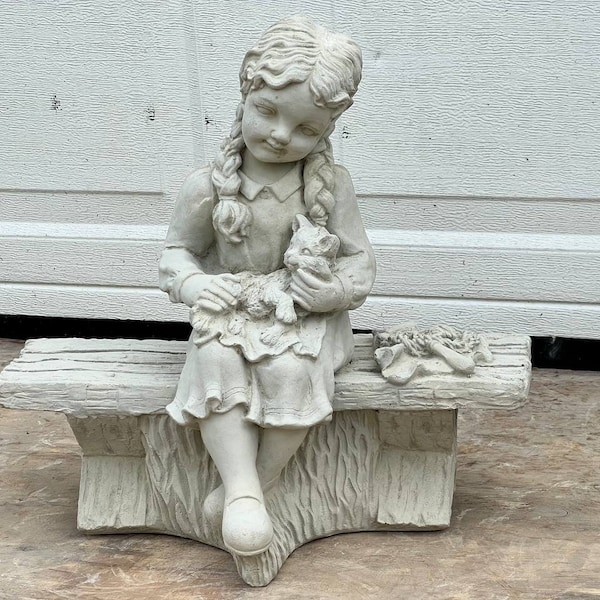 Garden Statue Girl Sitting on Bench - Etsy