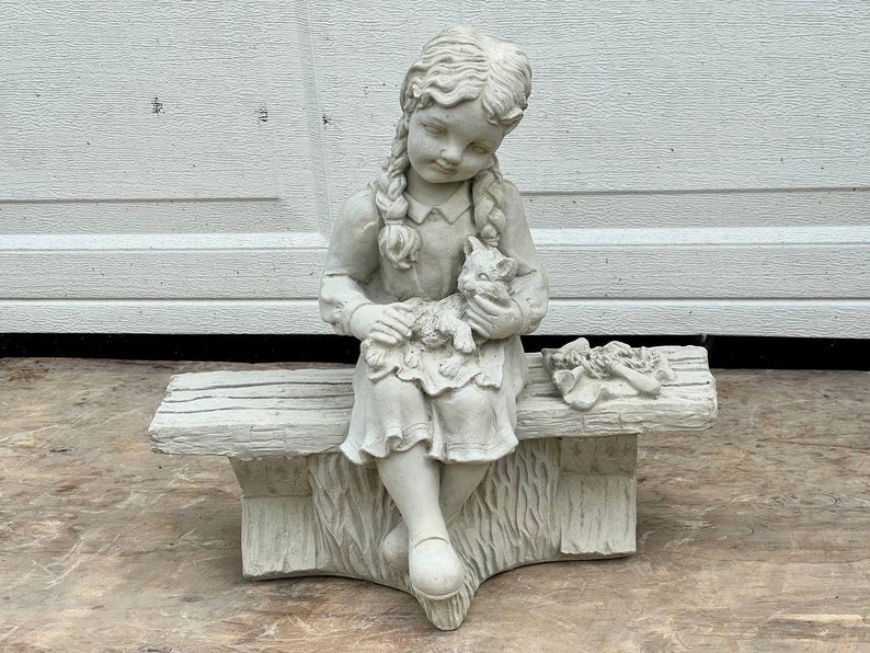 Sitting Girl Statue Cement Kid With Cat Figurine for Garden Yard Girl ...