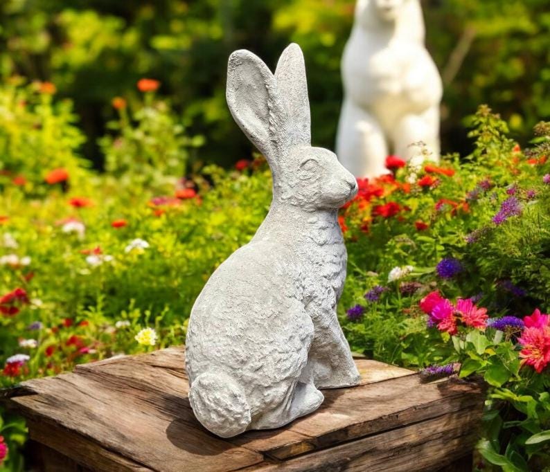 Realistic Stone Rabbit Statue Sitting Wild Bunny Figure Concrete Forest ...