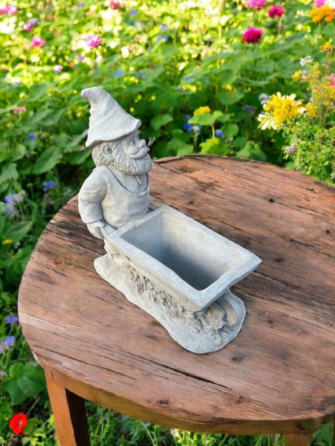 Stone Gnome Figurine Standing Gnome With Planter Concrete Wheelbarrow ...