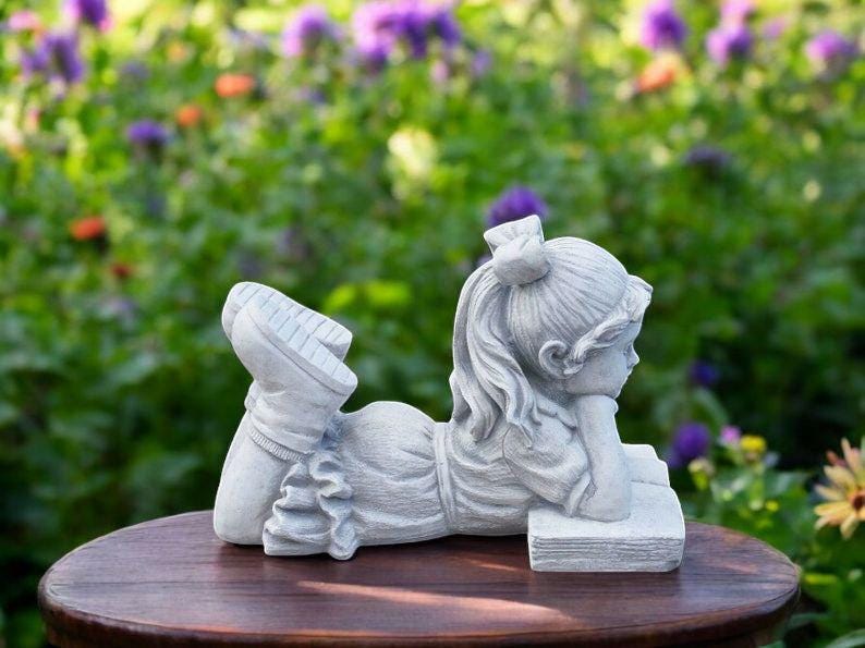 Laying Girl Statue Concrete Girl Reading Book Stone Kid Decoration Girl ...