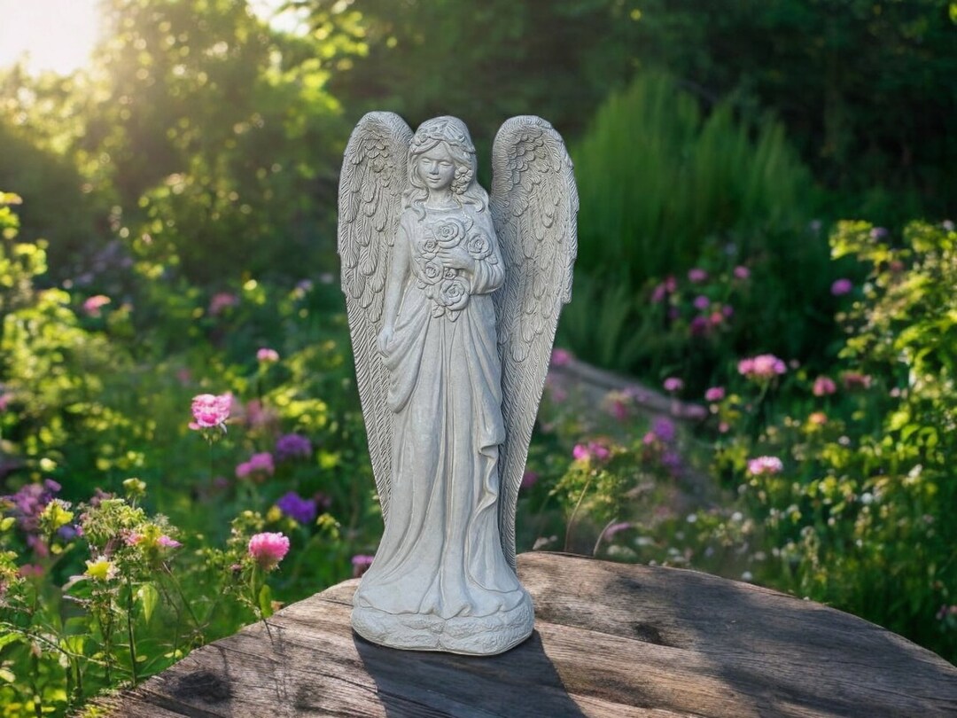 Standing Angel With Flowers Sculpture Outdoor Girl With Wings Statue ...