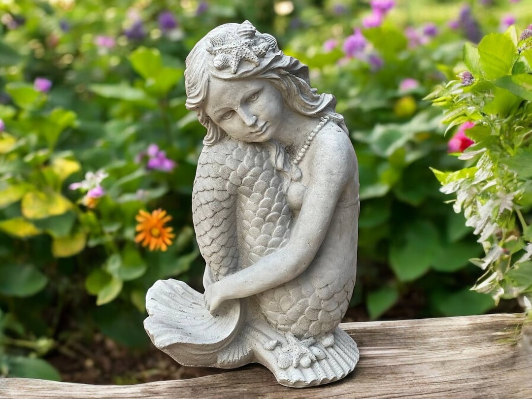 Sitting Mermaid on Shell Sculpture Outdoor Water Girl Statue Detailed ...