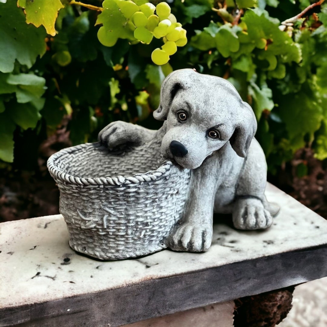 Dog Chewing Basket Figure Detailed Flowers Planter With Pet Sculpture ...