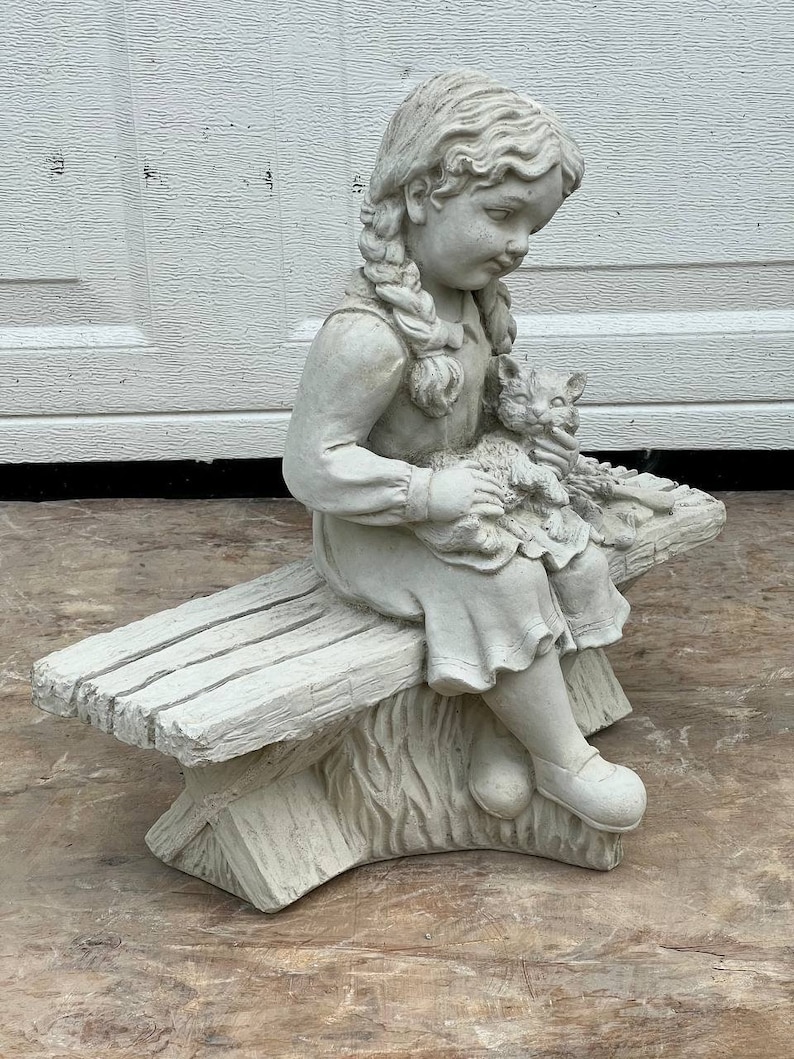 Sitting Girl Statue Cement Kid With Cat Figurine for Garden Yard Girl ...
