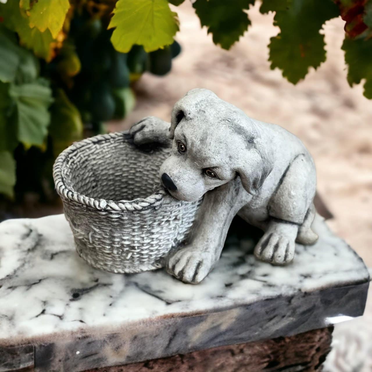 Dog Chewing Basket Figure Detailed Flowers Planter With Pet Sculpture ...