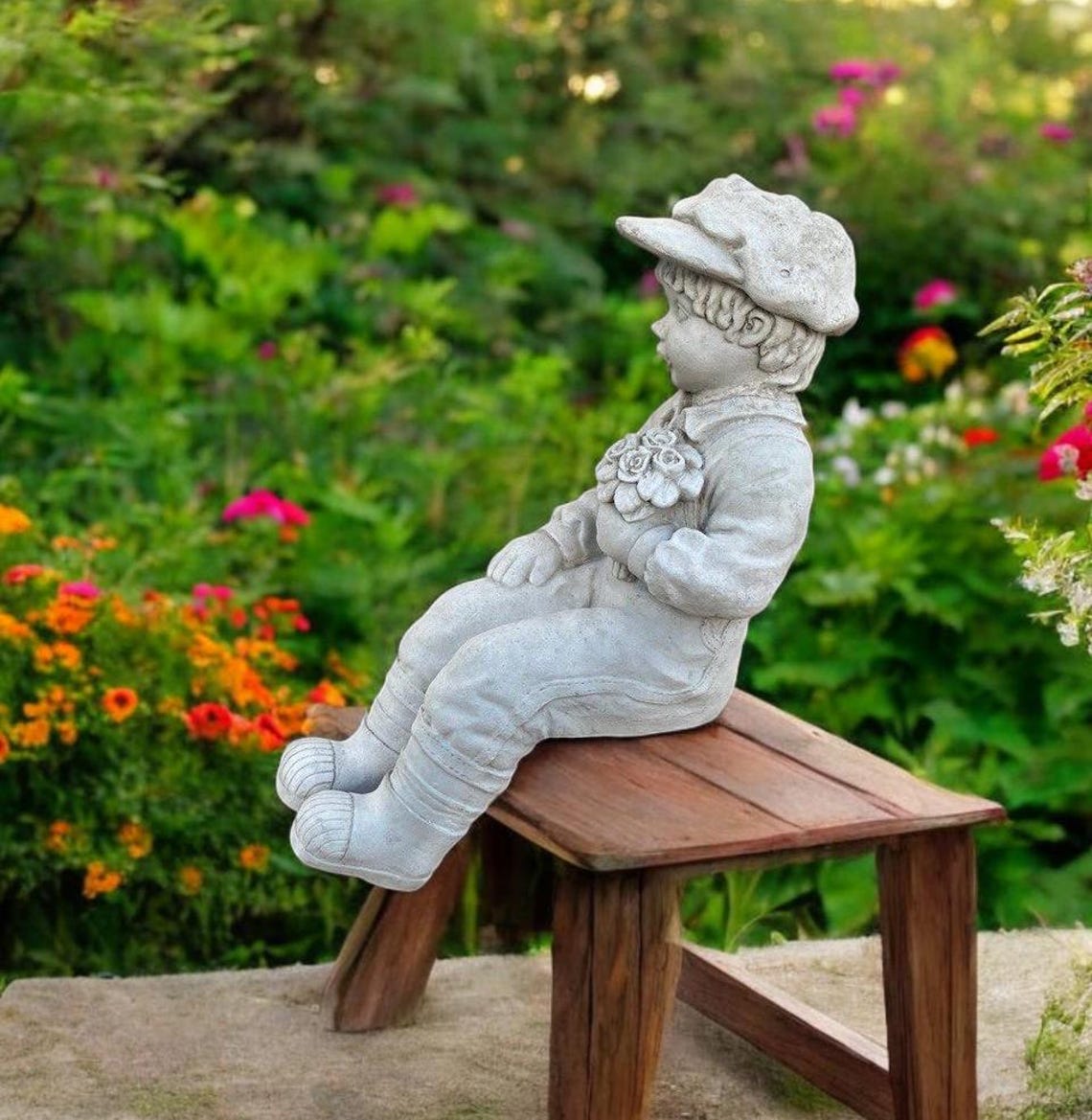 Concrete Sitting Boy With Flowers Figure Garden Cement Kid Statue ...