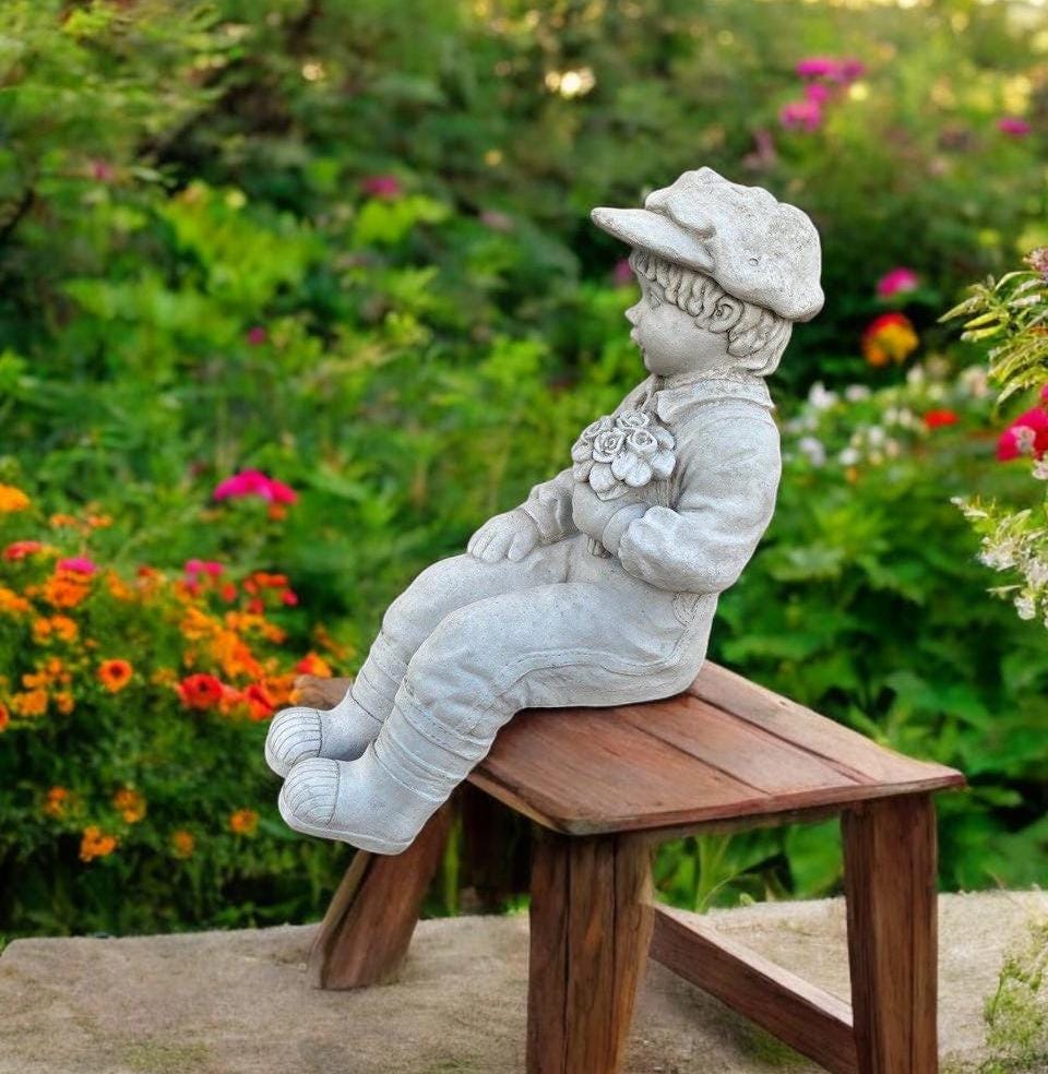 Concrete Sitting Boy With Flowers Figure Garden Cement Kid Statue ...