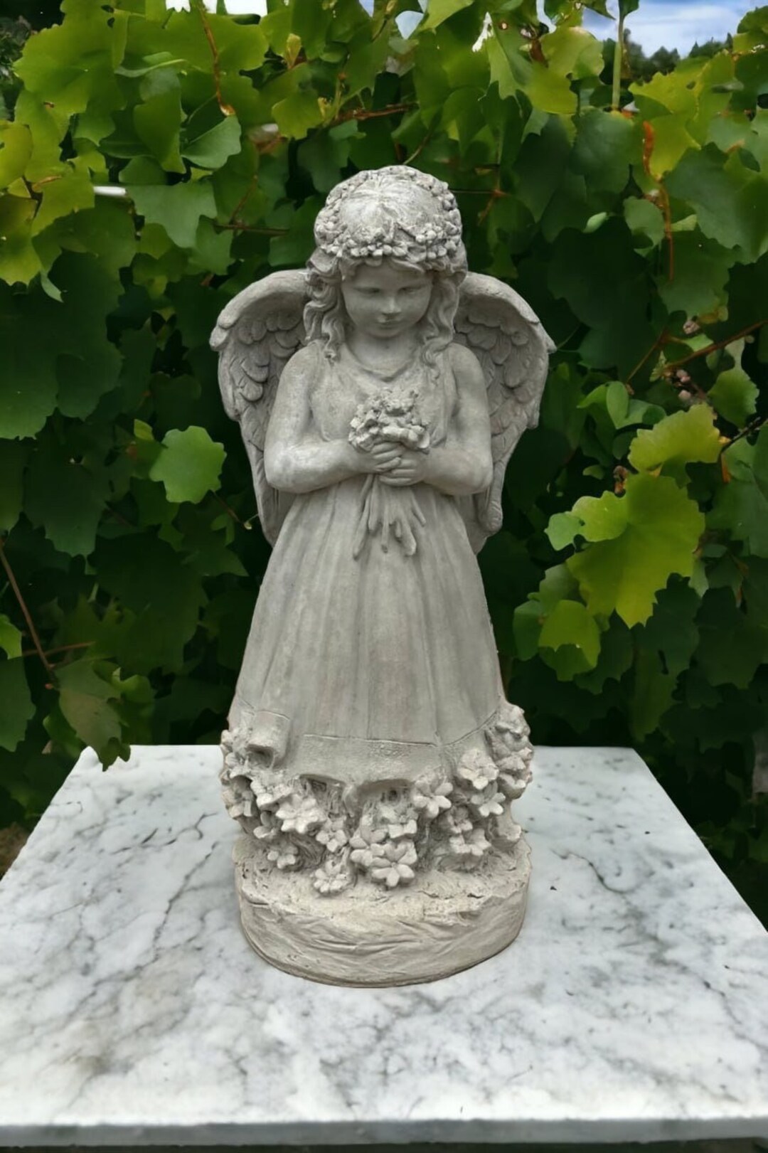 Concrete Angel Figure Religious Angel Girl With Flowers Garden Memorial ...