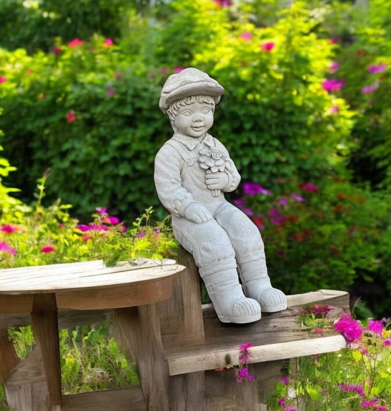 Concrete Sitting Boy With Flowers Figure Garden Cement Kid Statue ...