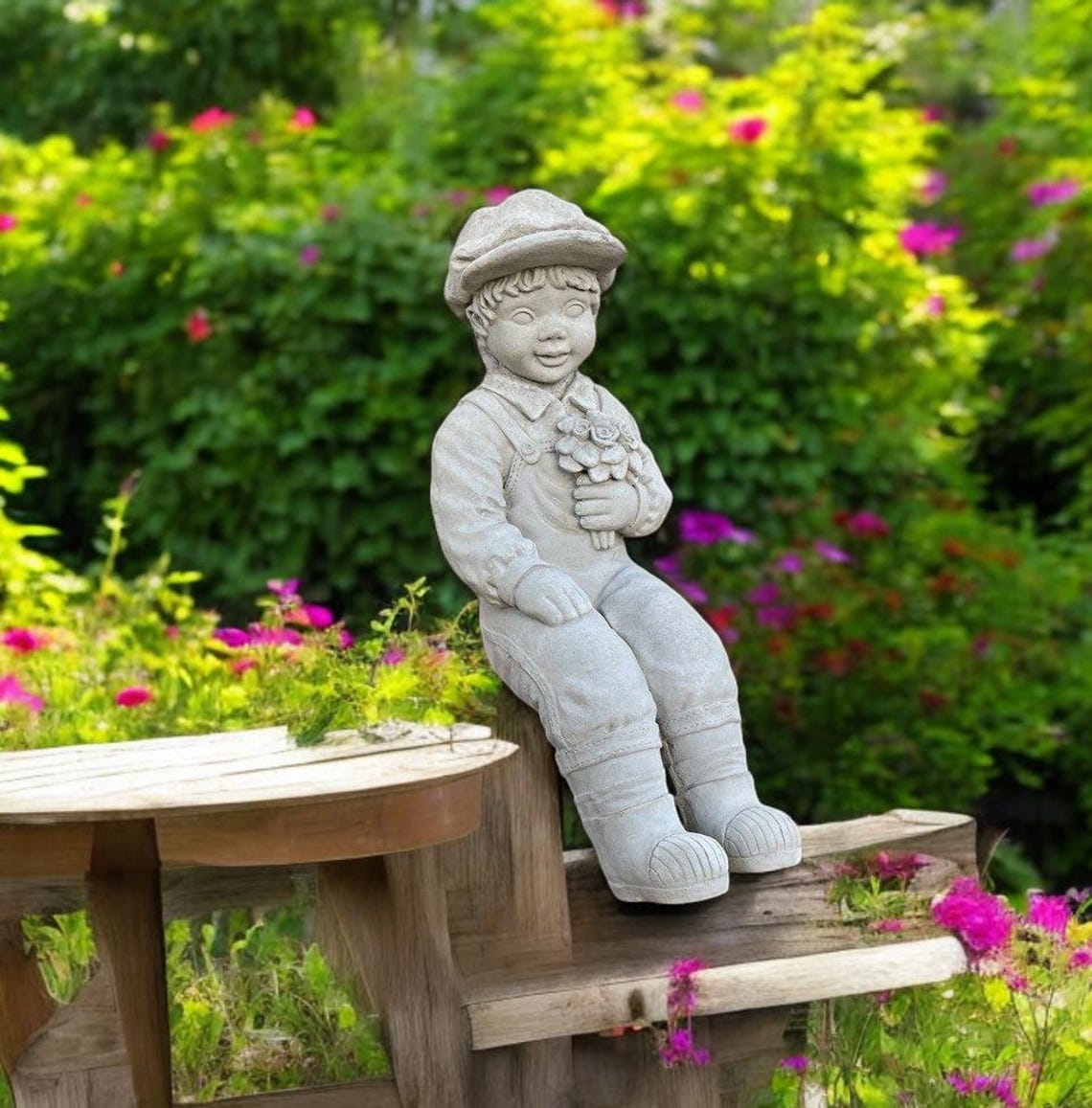 Concrete Sitting Boy With Flowers Figure Garden Cement Kid Statue ...
