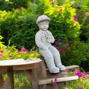 Concrete Sitting Boy With Flowers Figure Garden Cement Kid Statue ...