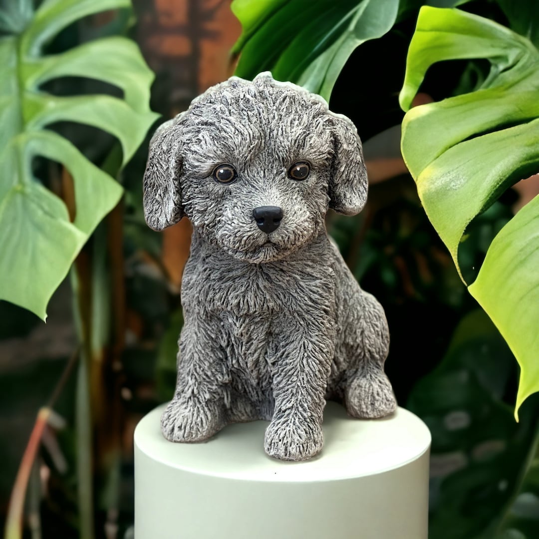 Stone Doodle Dog Statue Concrete Sitting Puppy Figurine Cement Lawn ...
