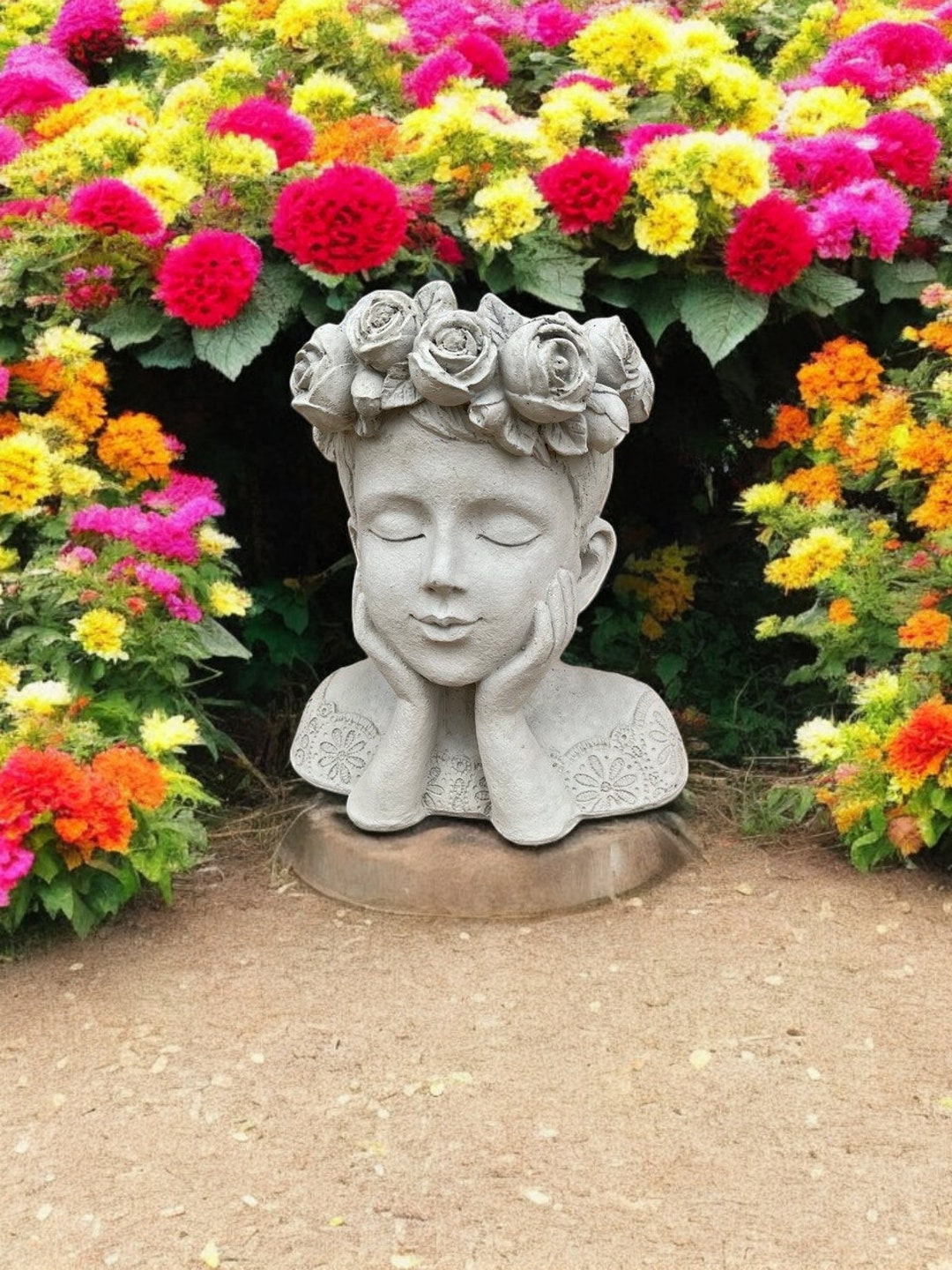 Stone Lady Head Planter Statue Cement Outdoor Flowers Pot Figure Yard ...