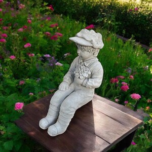 Concrete Sitting Boy With Flowers Figure Garden Cement Kid Statue ...