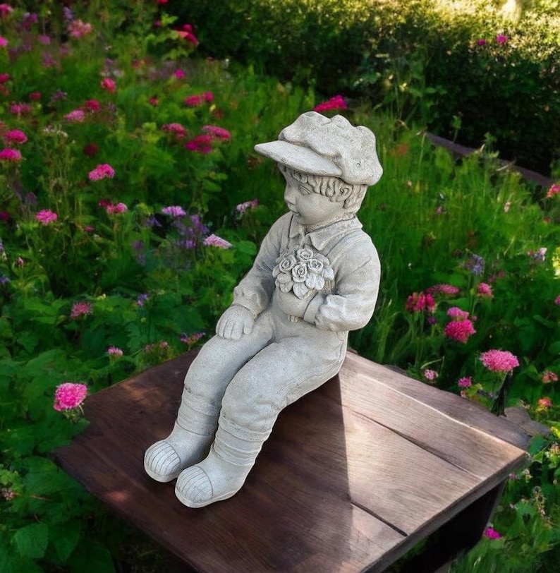 Concrete Sitting Boy With Flowers Figure Garden Cement Kid Statue ...