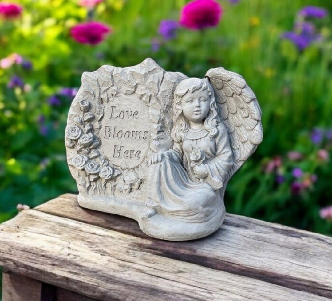 Angel Love Blooms Here Sculpture Stone Sitting Girl Statue Concrete Religious Decoration Outdoor ...