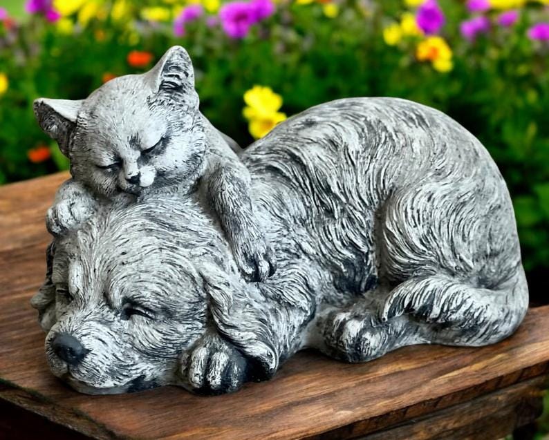 Laying Cat With Dog Sculpture Stone Detailed Pets Figure Backyard or ...