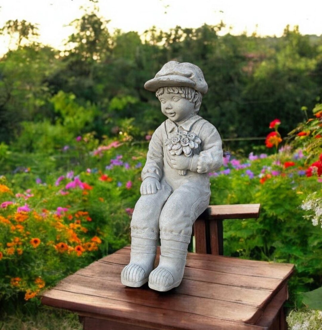 Concrete Sitting Boy With Flowers Figure Garden Cement Kid Statue ...