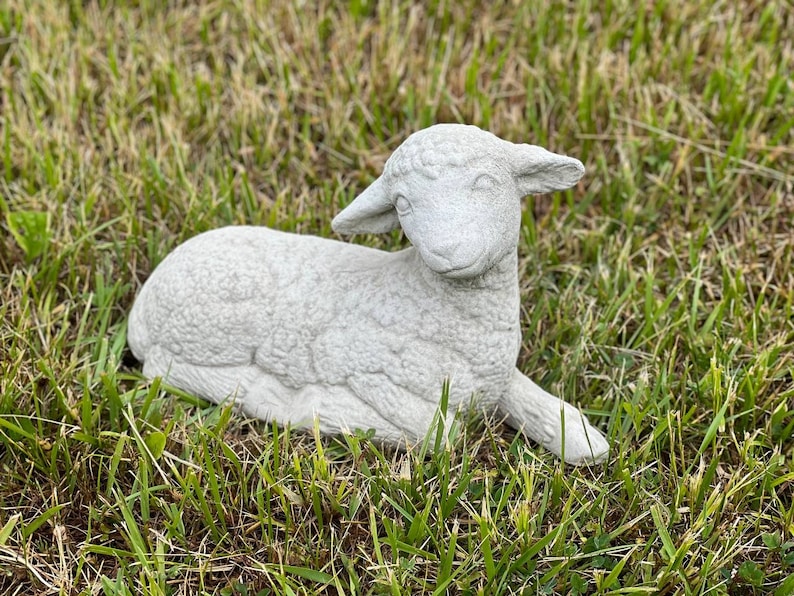 Laying Lamb Statue Cement Detailed Sheep Sculpture Concrete Farm Style ...