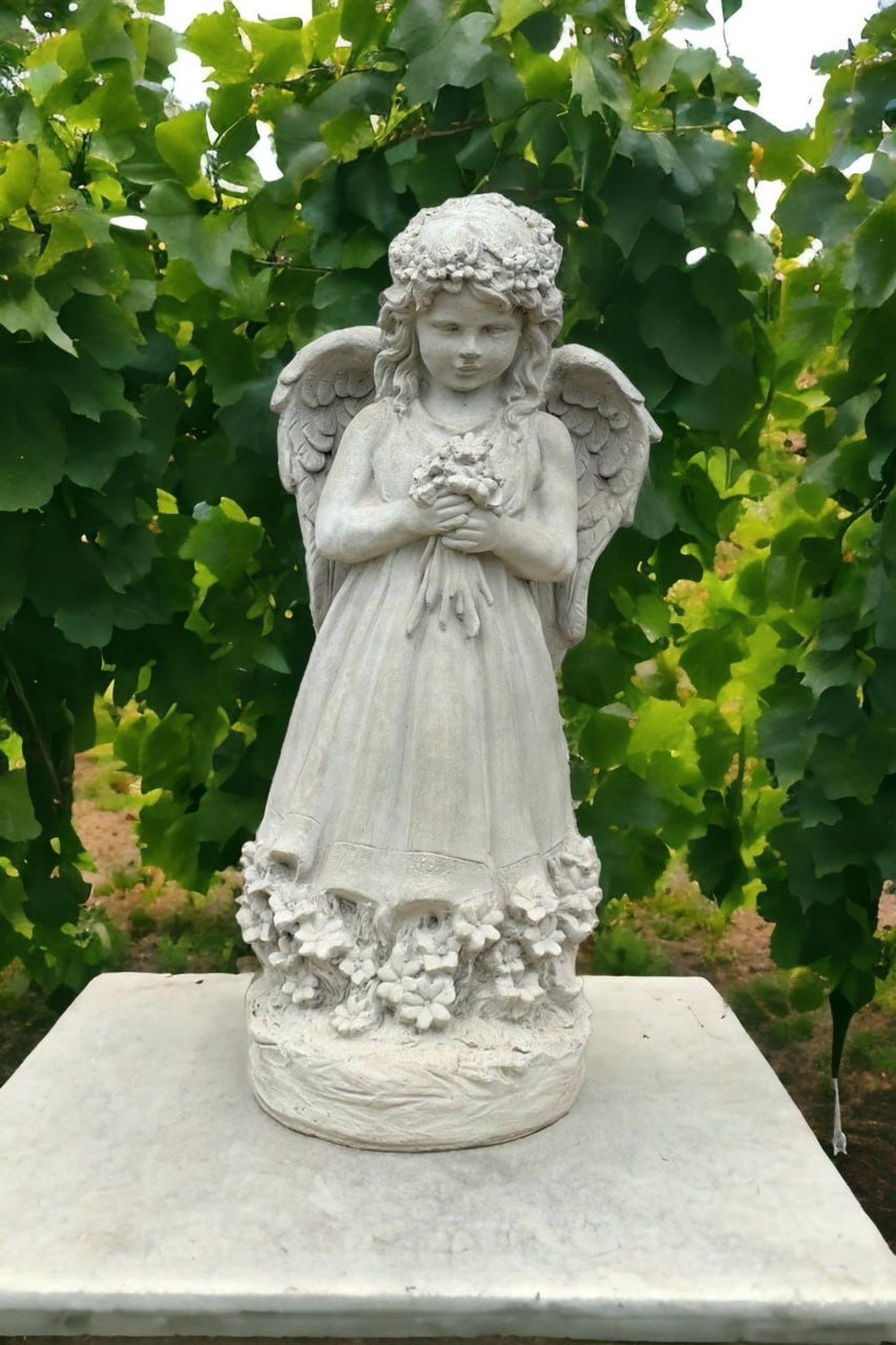 Concrete Angel Figure Religious Angel Girl With Flowers Garden Memorial ...