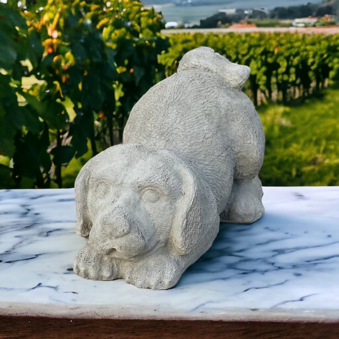 Stone Crouching Dog Statue Puppy Garden Outdoor Figure Playing Concrete ...