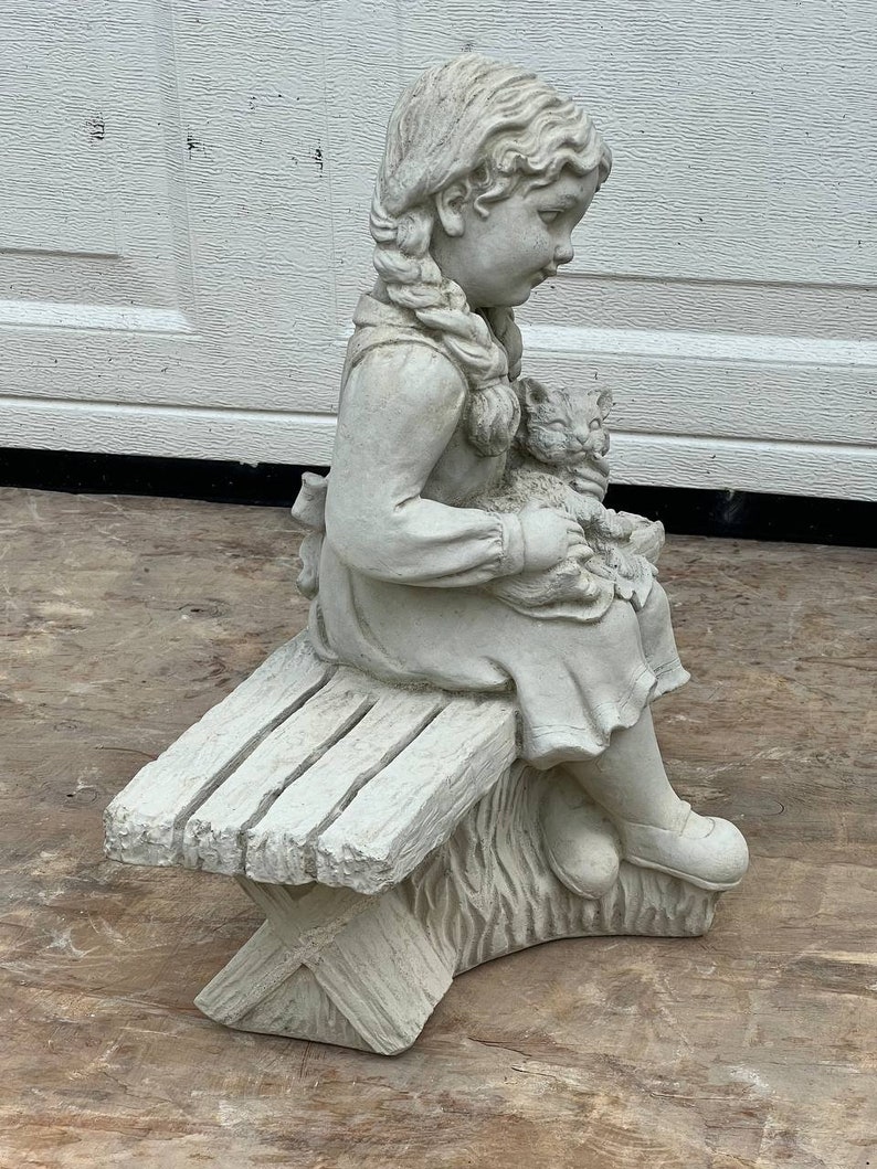 Sitting Girl Statue Cement Kid With Cat Figurine for Garden Yard Girl ...