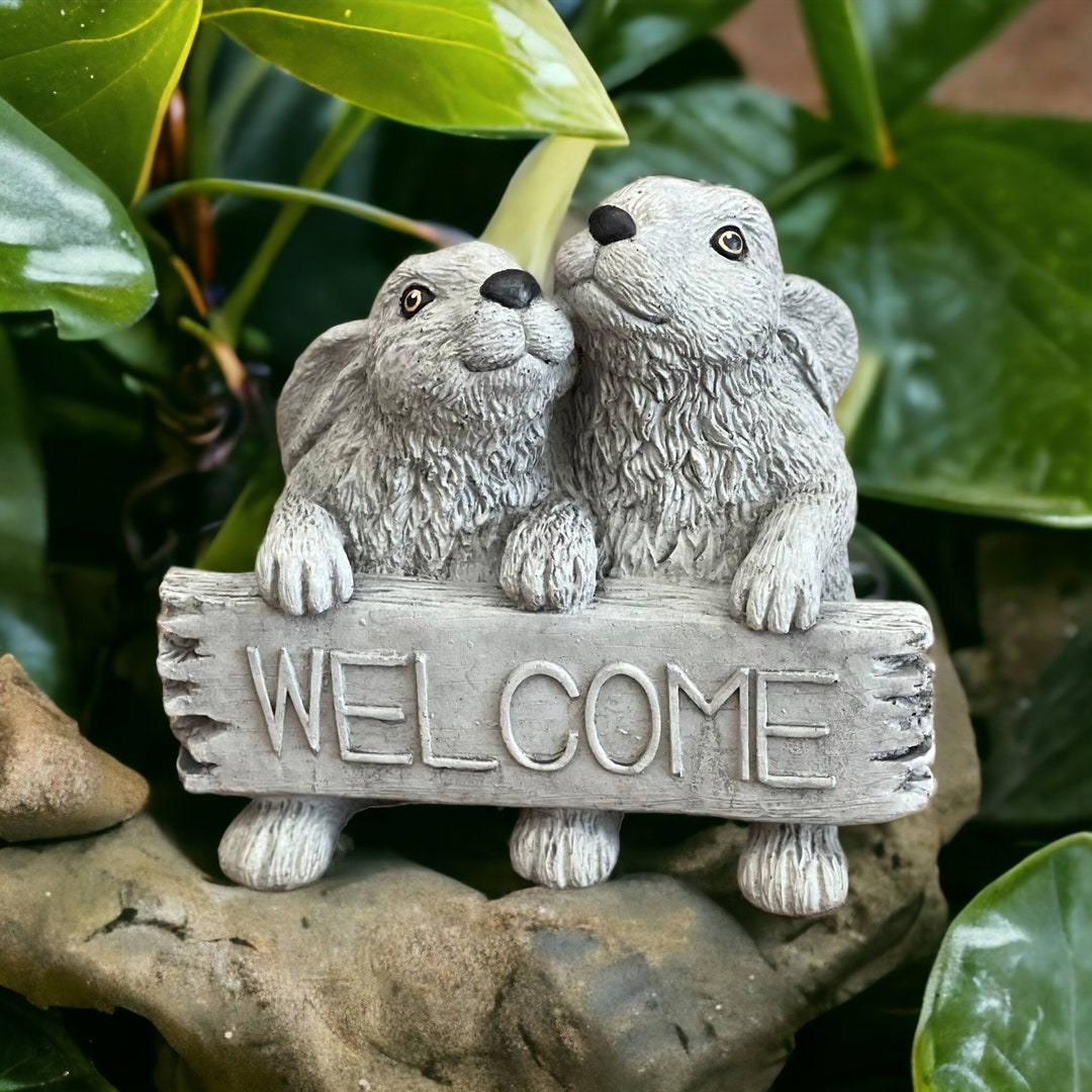 Solid Welcome Rabbits Figurine Concrete Pair Bunny Decoration Stone ...
