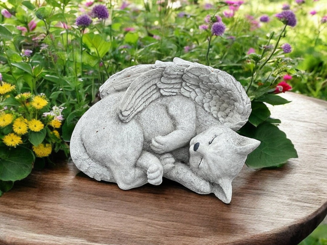 Angel Cat With Wings Figure Cement Laying Kitten Sculpture Outdoor ...