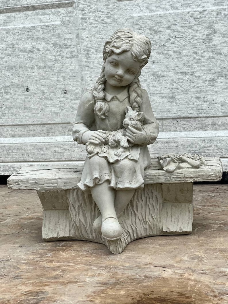 Sitting Girl Statue Cement Kid With Cat Figurine for Garden Yard Girl ...