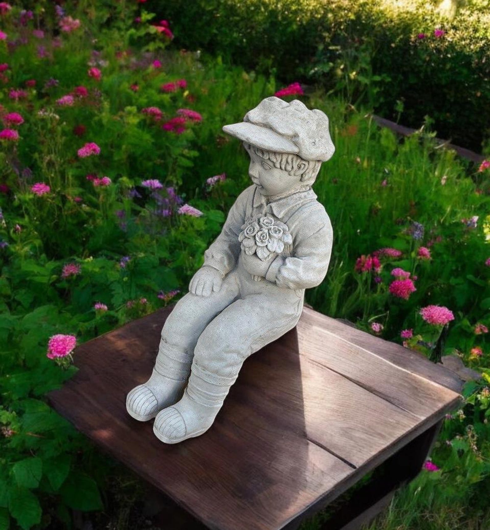 Concrete Sitting Boy With Flowers Figure Garden Cement Kid Statue ...