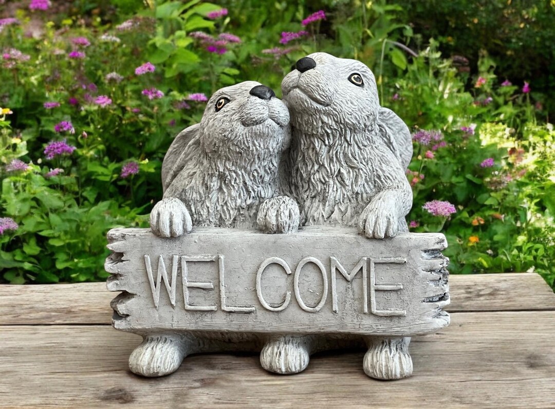 Welcome Rabbits Sculpture Concrete Two Bunny Figure Garden Decoration ...