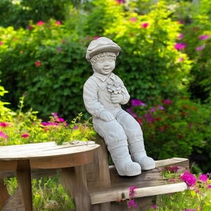 Concrete Sitting Boy With Flowers Figure Garden Cement Kid Statue ...