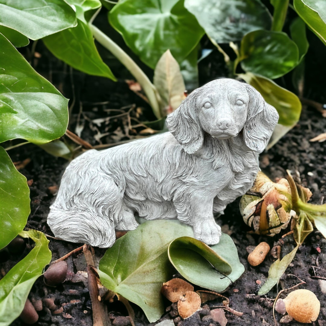 Concrete Dachshund Dog Figure Cement Doxie With Long Hair Sculpture ...
