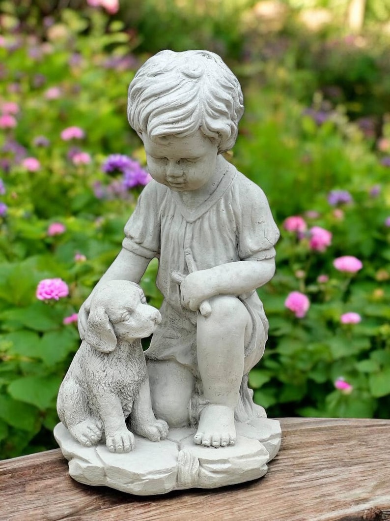 Detailed Boy With Dog Figure Concrete Kid With Puppy Statue Stone ...