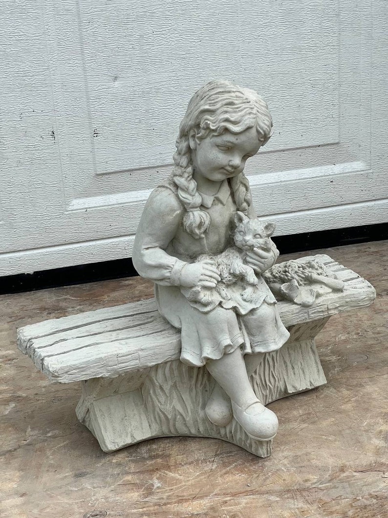 Sitting Girl Statue Cement Kid With Cat Figurine for Garden Yard Girl ...