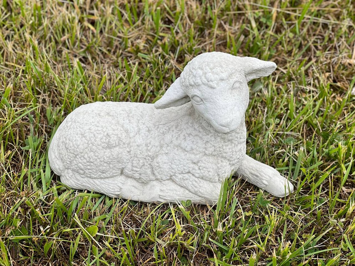 Laying Lamb Statue Cement Detailed Sheep Sculpture Concrete Farm Style ...