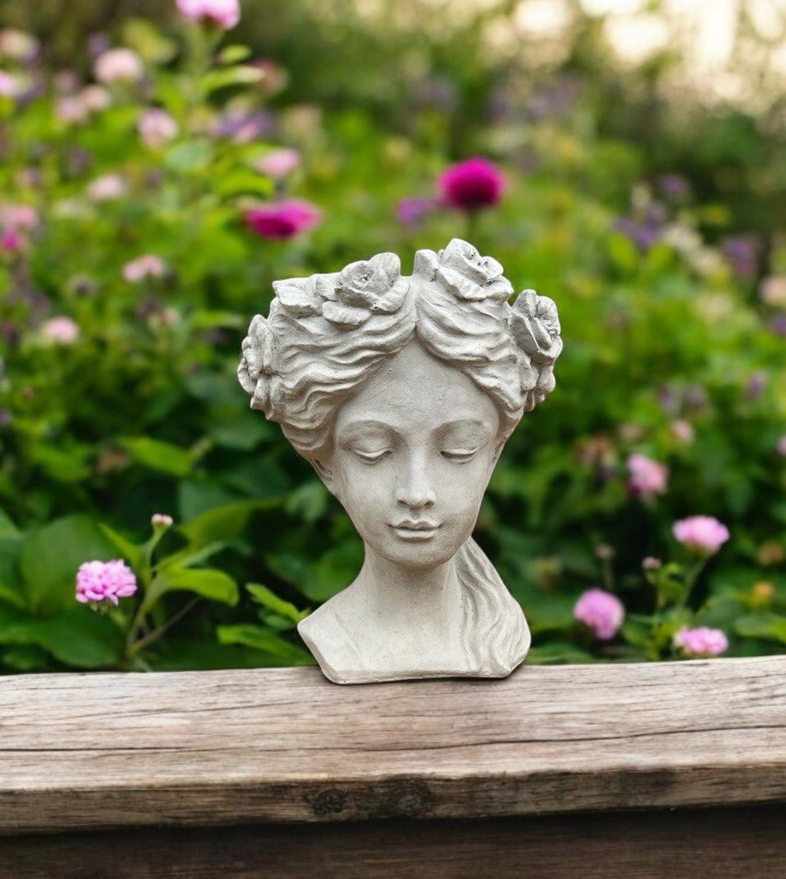 Yard Planter Head With Roses Figure Concrete Head Pot Statue Cement ...