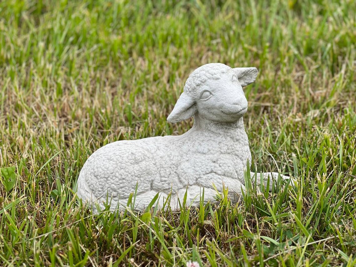 Laying Lamb Statue Cement Detailed Sheep Sculpture Concrete Farm Style ...
