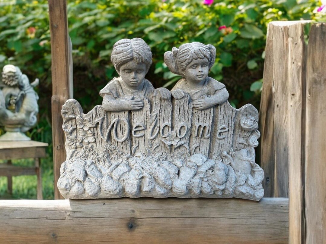 Concrete Welcome Kids Sculpture Garden Boy and Girl Statue Cement Children Decoration Yard ...