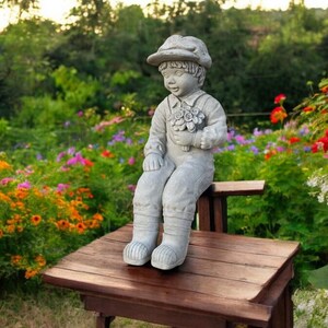 Concrete Sitting Boy With Flowers Figure Garden Cement Kid Statue ...