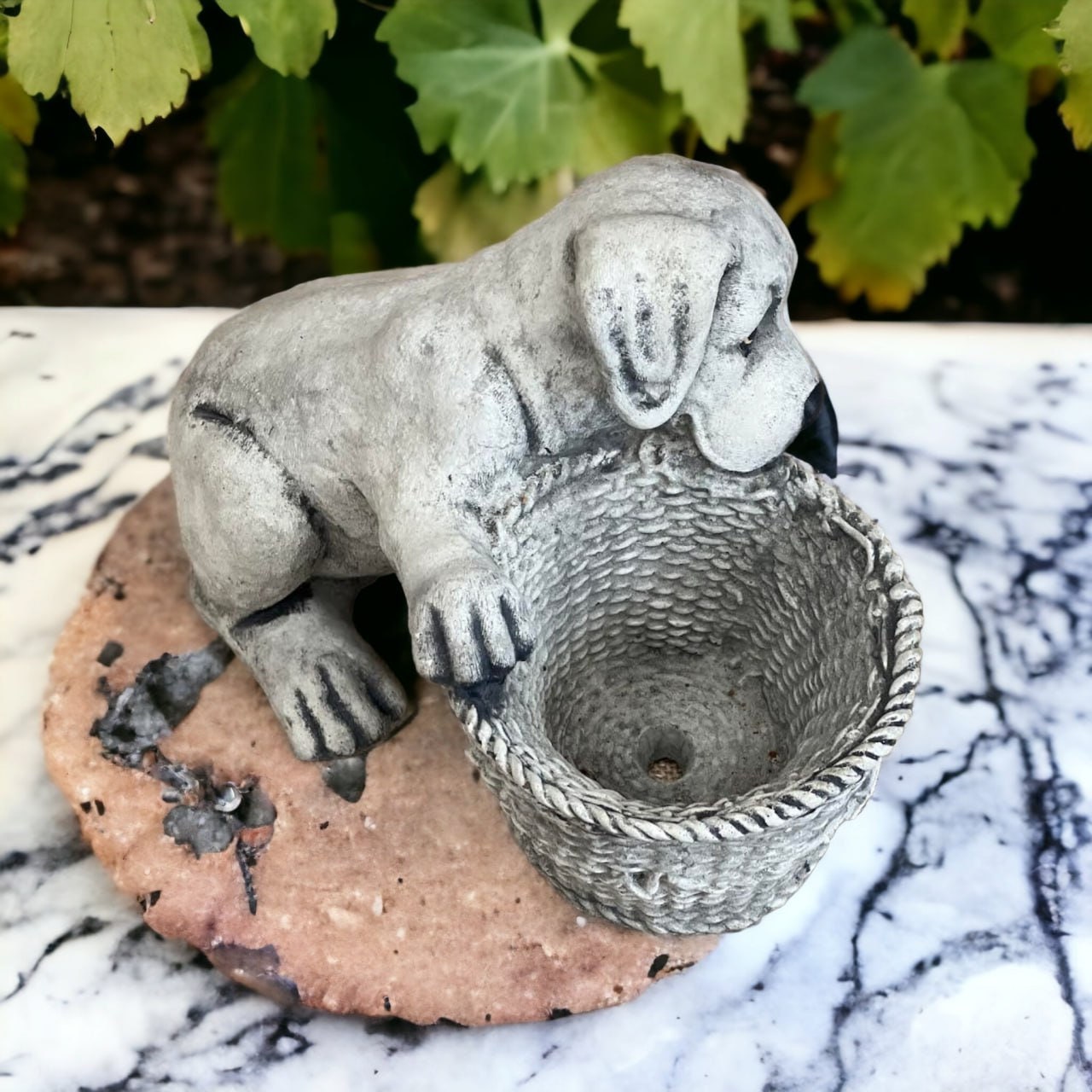 Dog Chewing Basket Figure Detailed Flowers Planter With Pet Sculpture ...