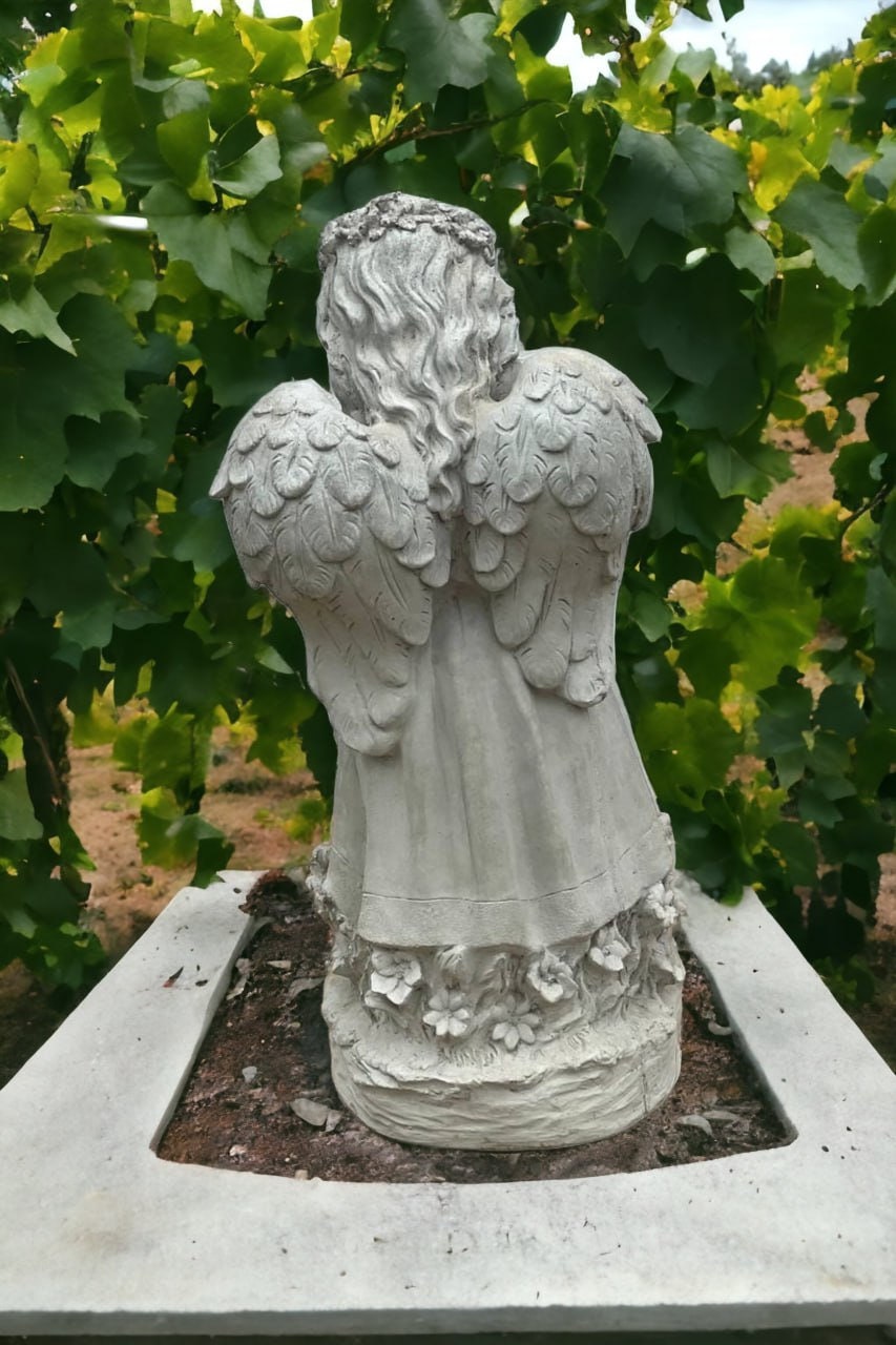 Concrete Angel Figure Religious Angel Girl With Flowers Garden Memorial ...