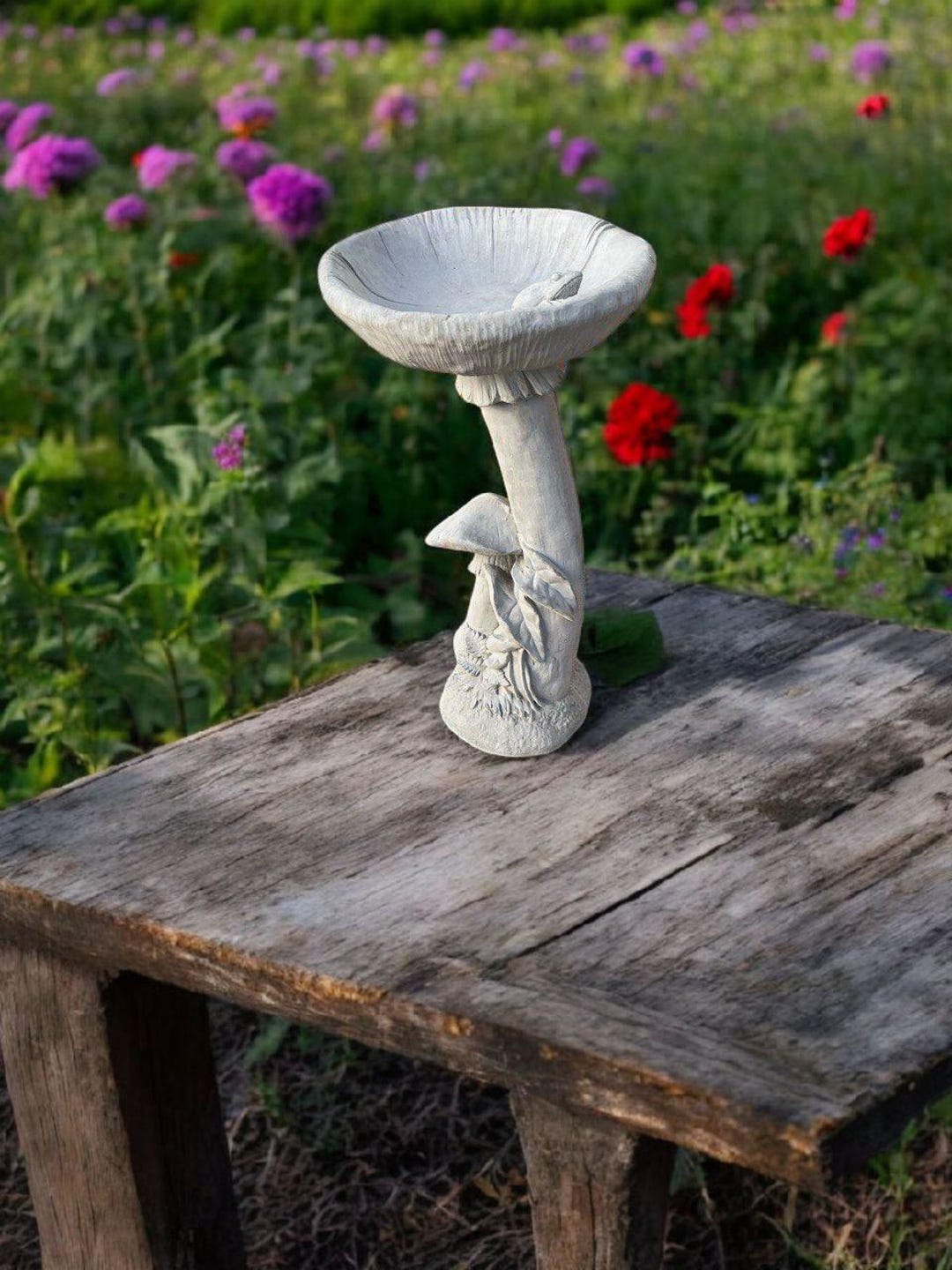 Concrete Toadstool Figure Garden Bird Bath Backyard Decor Stone Bird ...