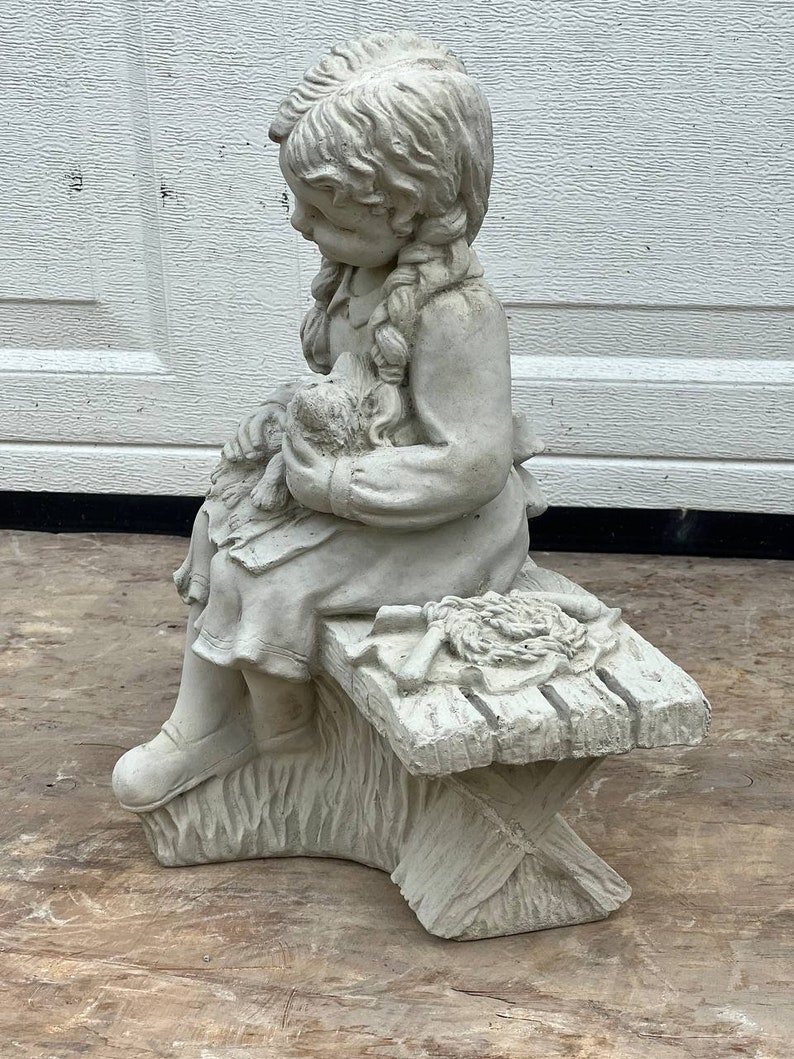 Sitting Girl Statue Cement Kid With Cat Figurine for Garden Yard Girl ...