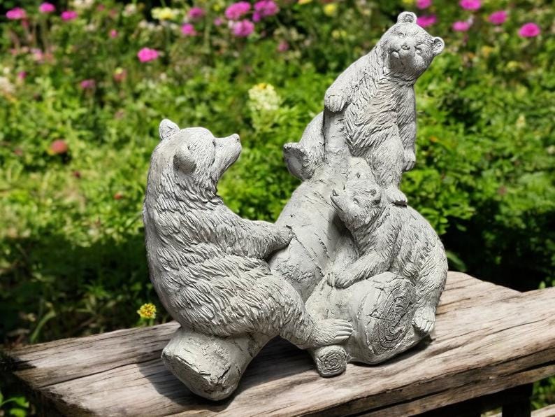 Cement Three Bears Figure Stone Wild Animals Statue Concrete Backyard ...
