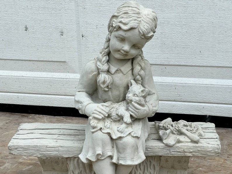 Sitting Girl Statue Cement Kid With Cat Figurine for Garden Yard Girl ...